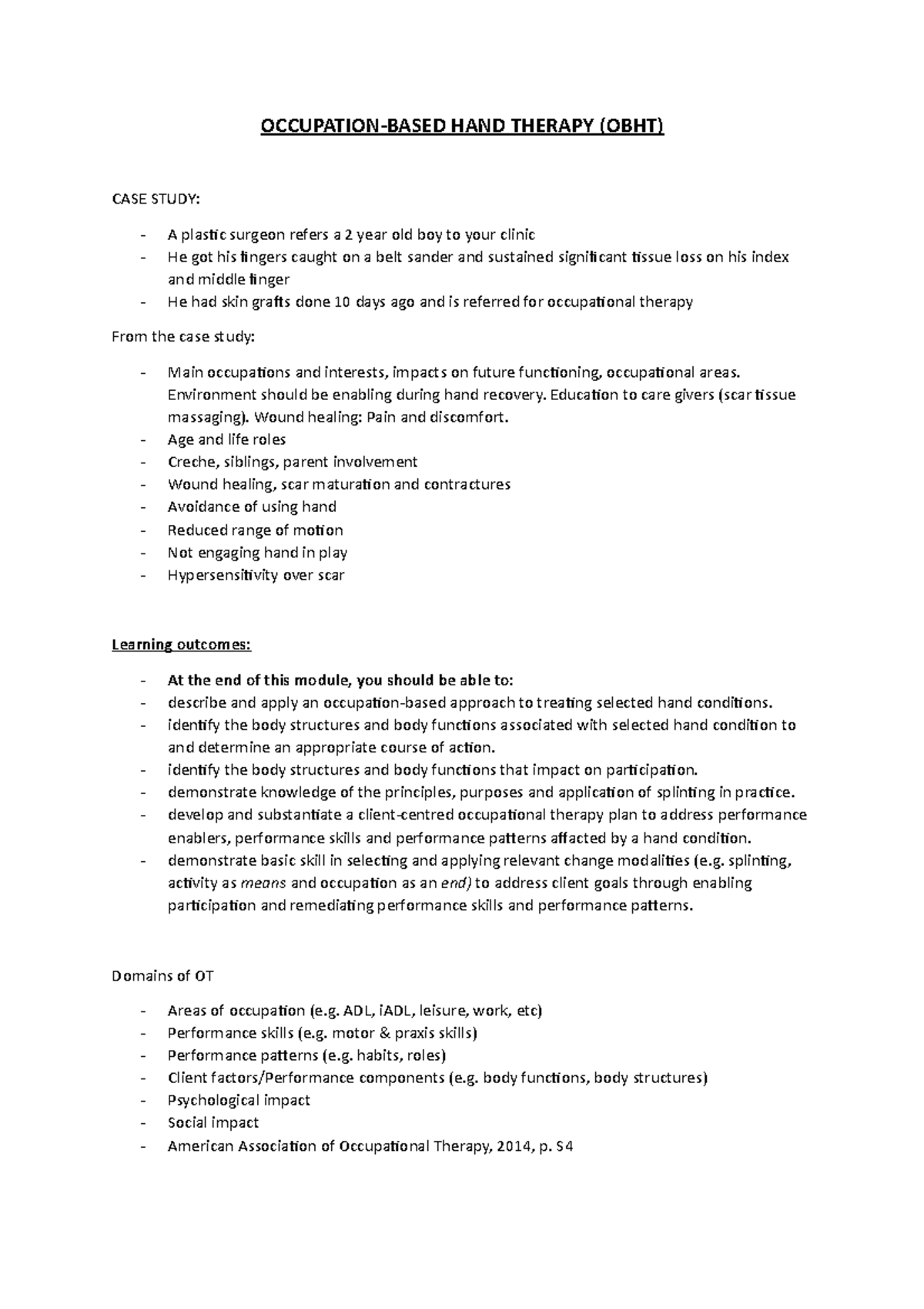 Hand therapy - Lecture notes 1 - OCCUPATION-BASED HAND THERAPY (OBHT ...