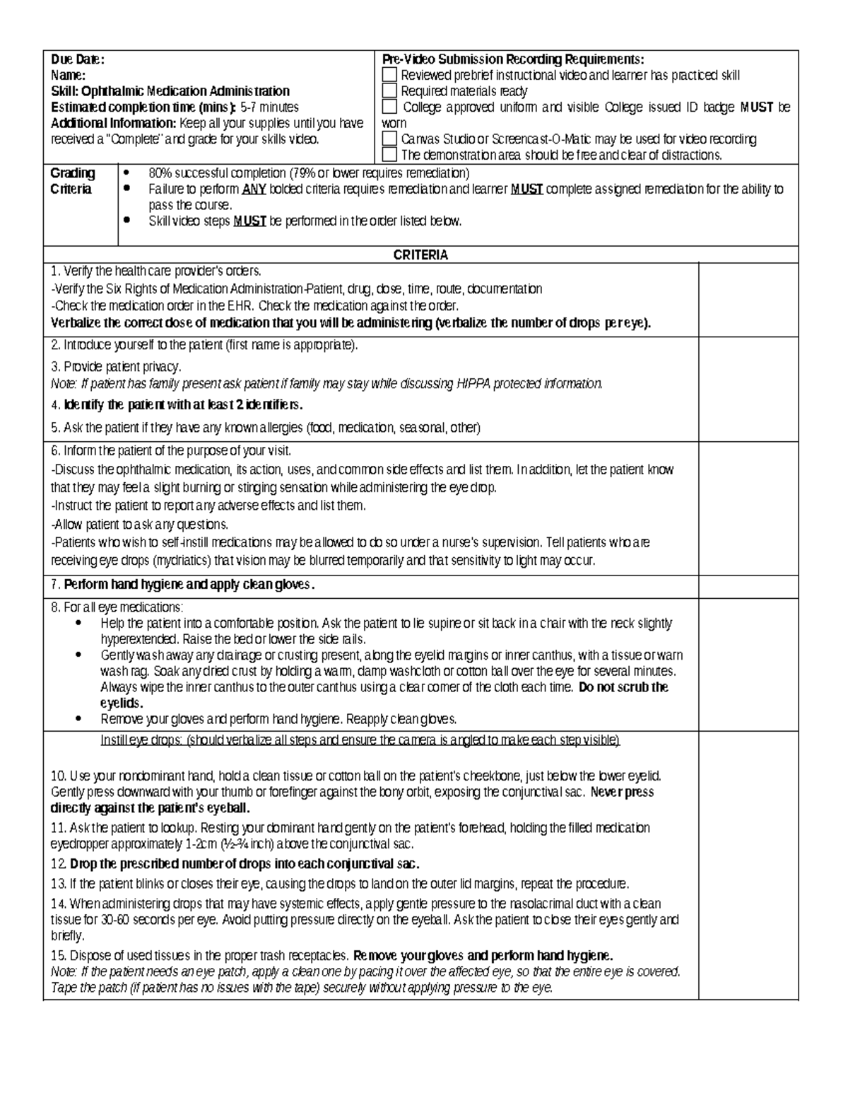 Ophthalmic Medication Administration Checklist-6 - Due Date: Name ...