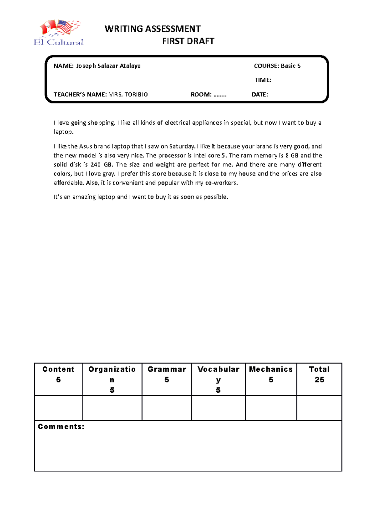 Writing First Draft - Ingles - WRITING ASSESSMENT FIRST DRAFT NAME ...