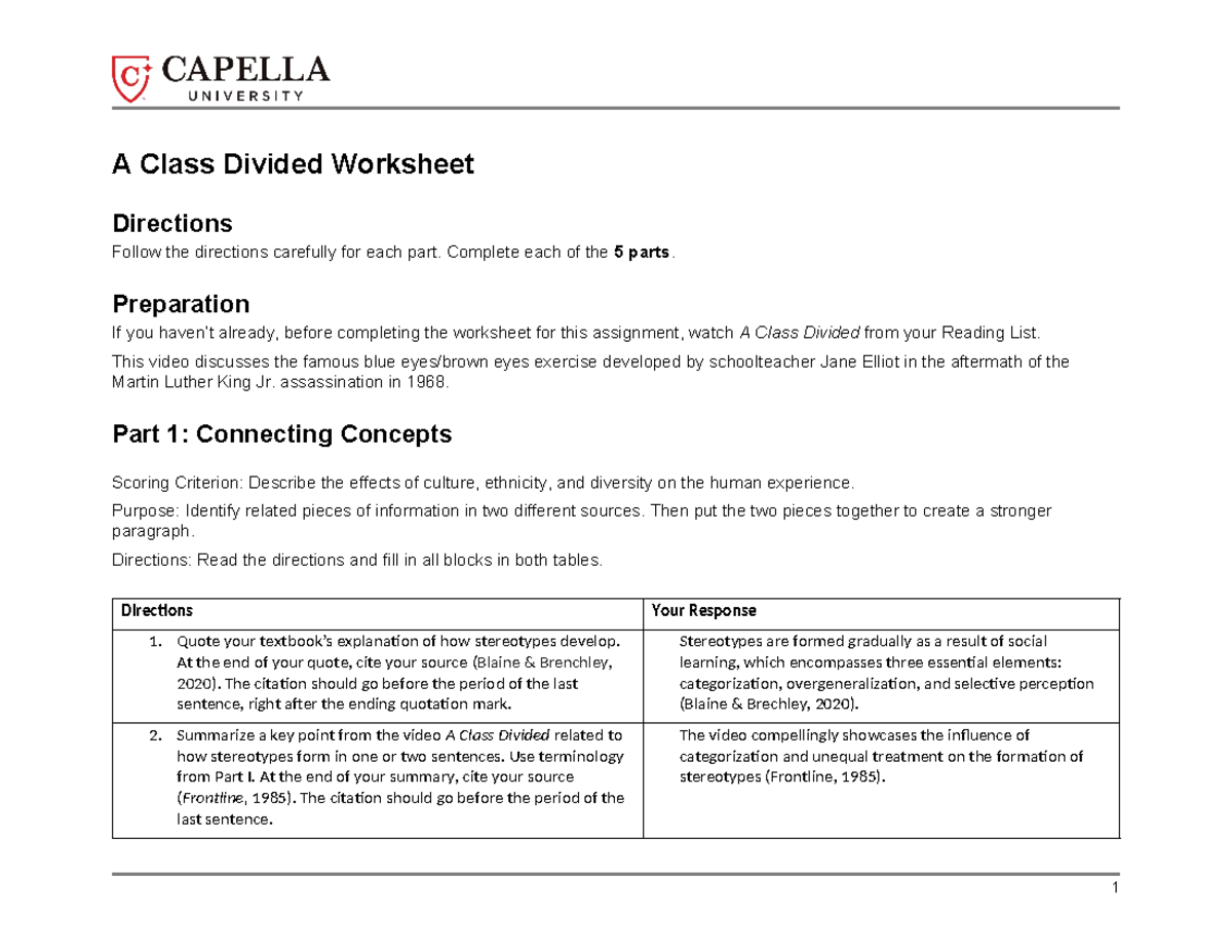 A Class Divided Worksheet completed - A Class Divided Worksheet ...