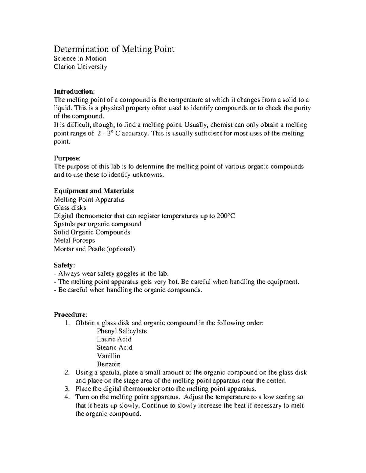 Determination-melting-point - Determination of Melting Point Science in Motion Clarion ...