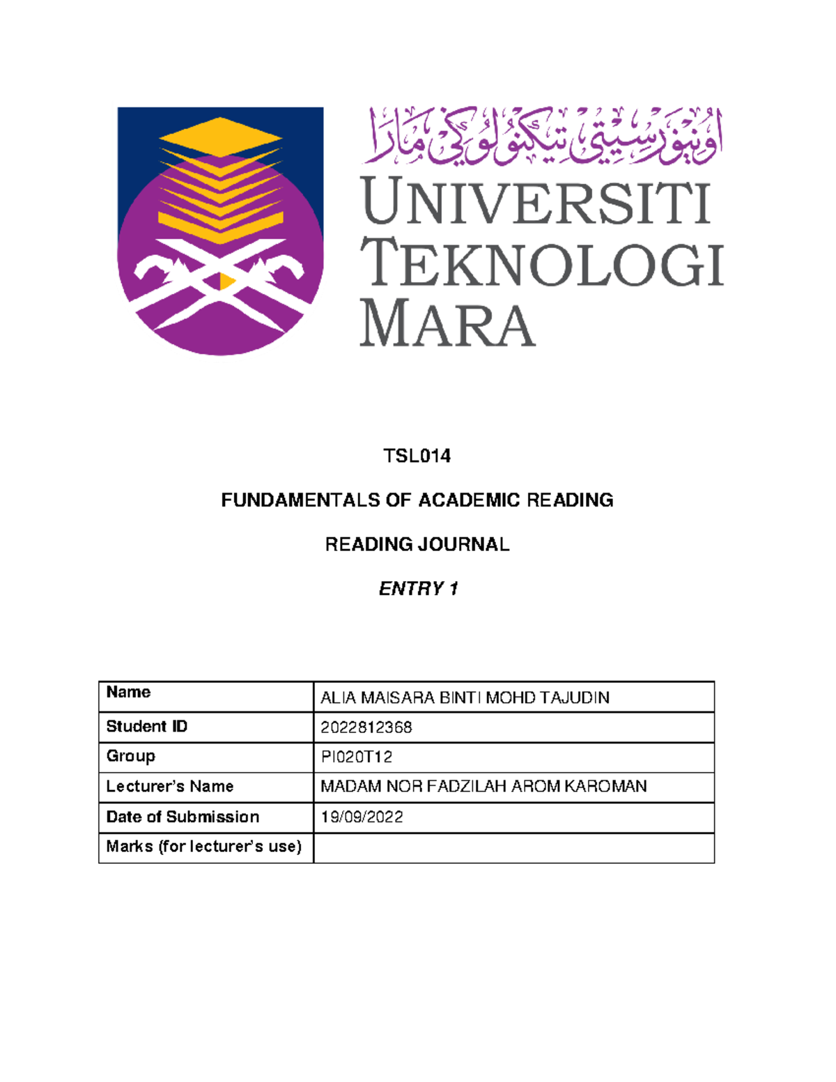 Reading Journal - TSL FUNDAMENTALS OF ACADEMIC READING READING JOURNAL ...