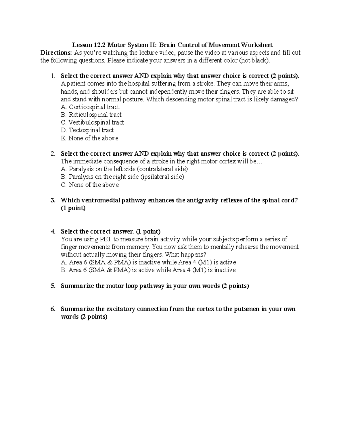 Lesson 12.2 Worksheet - Lesson 12 Motor System II: Brain Control of ...