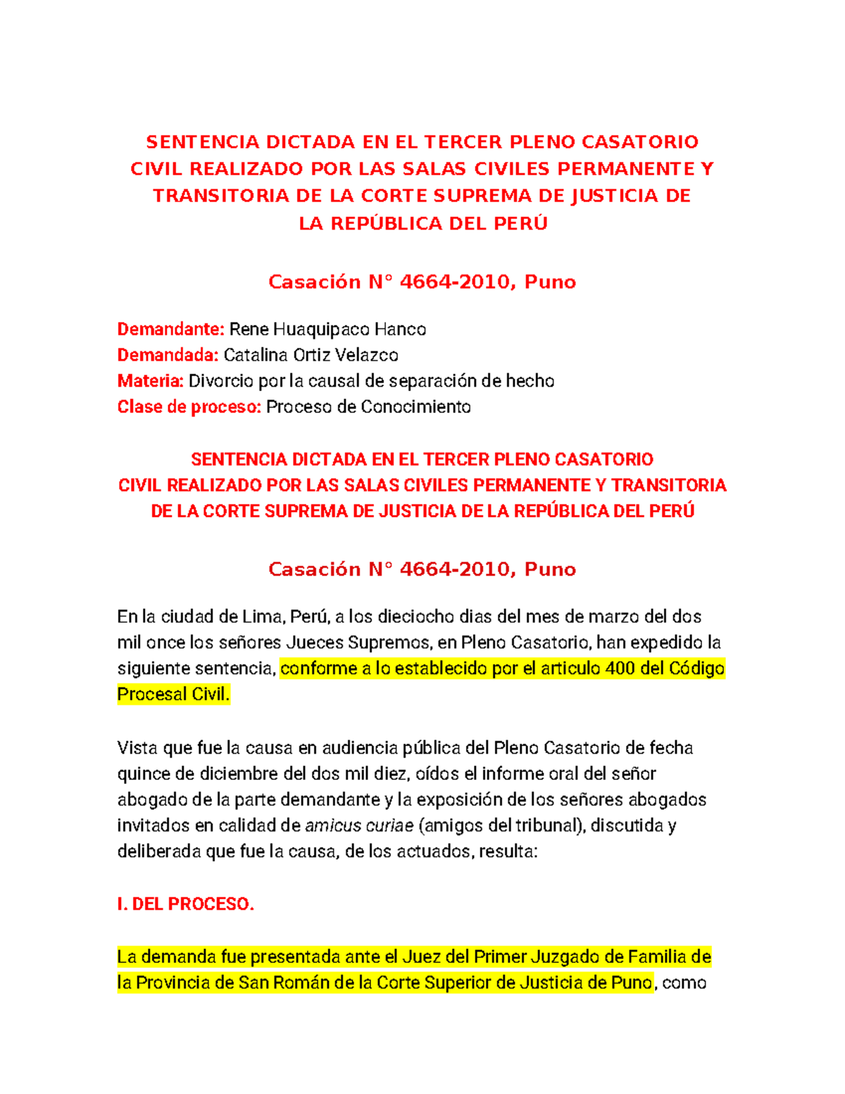 Sentencia Dictada EN EL Tercer Pleno Casatorio Civil Realizado POR LAS ...