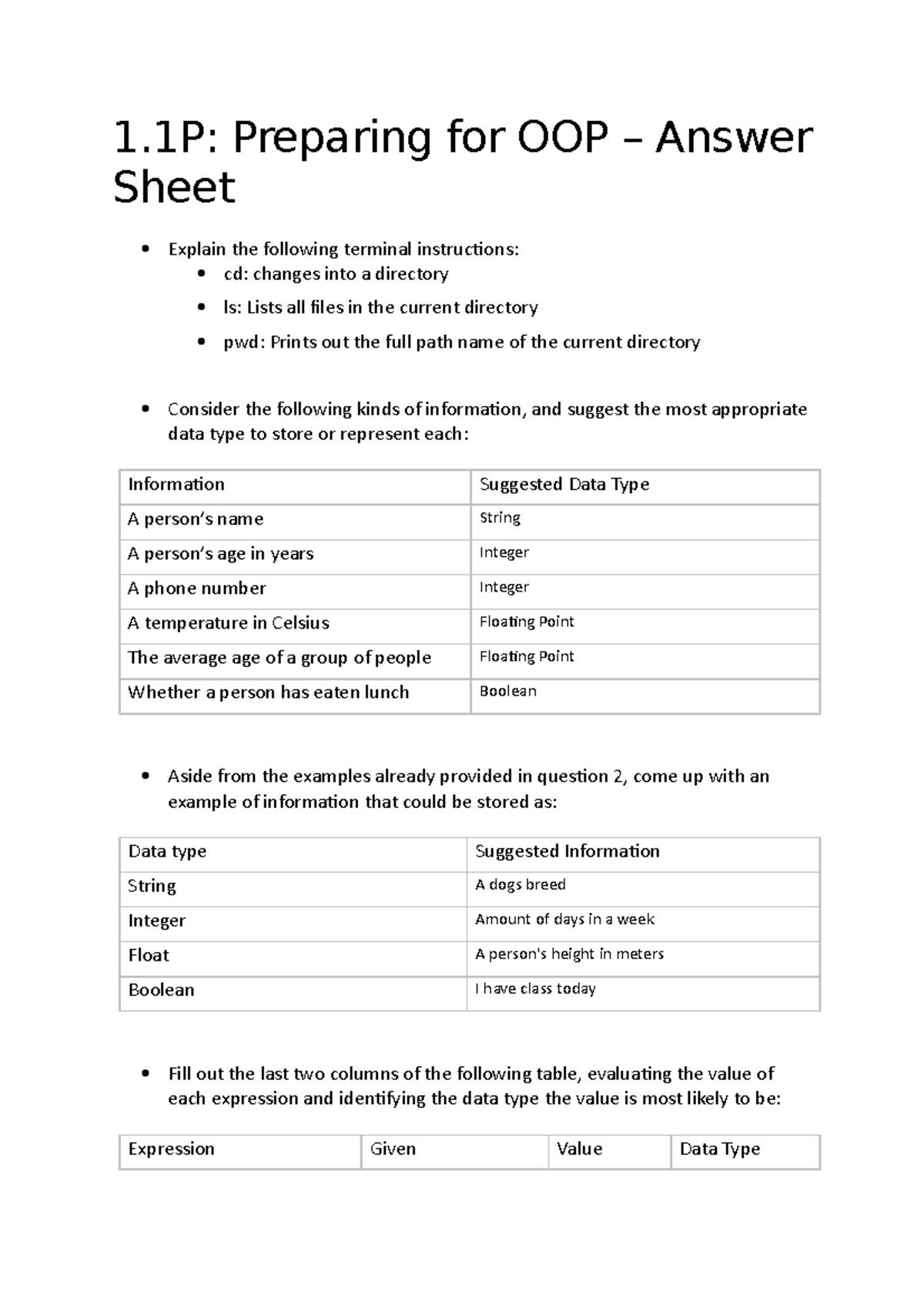 1.1P - Preparing for OOP Answer Sheet - 1: Preparing for OOP – Answer Sheet Explain the ...