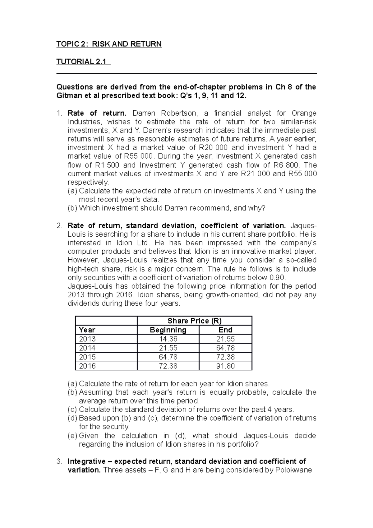 FINA 202 Tut 2.1 Questions 2019 RISK AND Return - TOPIC 2: RISK AND ...