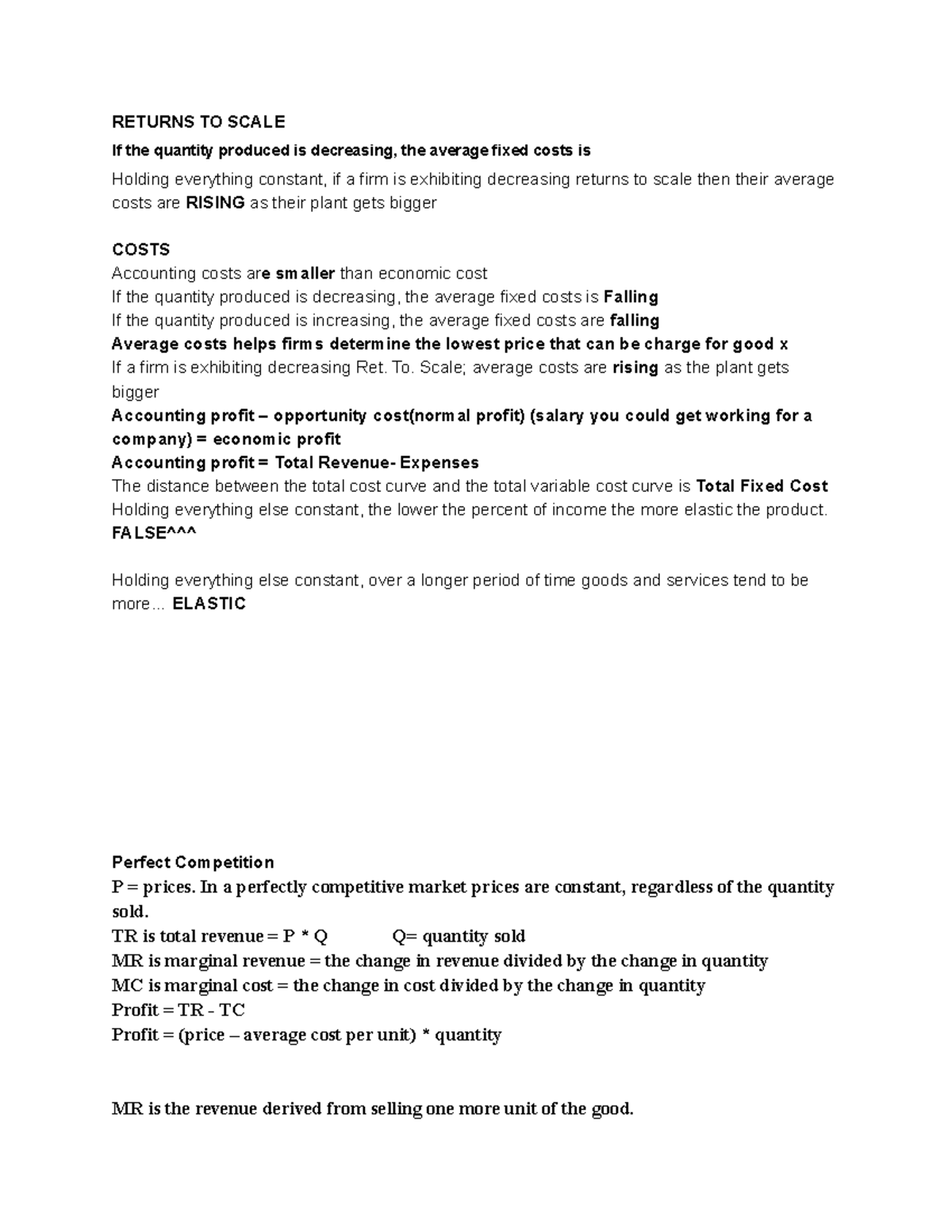 Econ formula cheat sheet - RETURNS TO SCALE If the quantity produced is ...