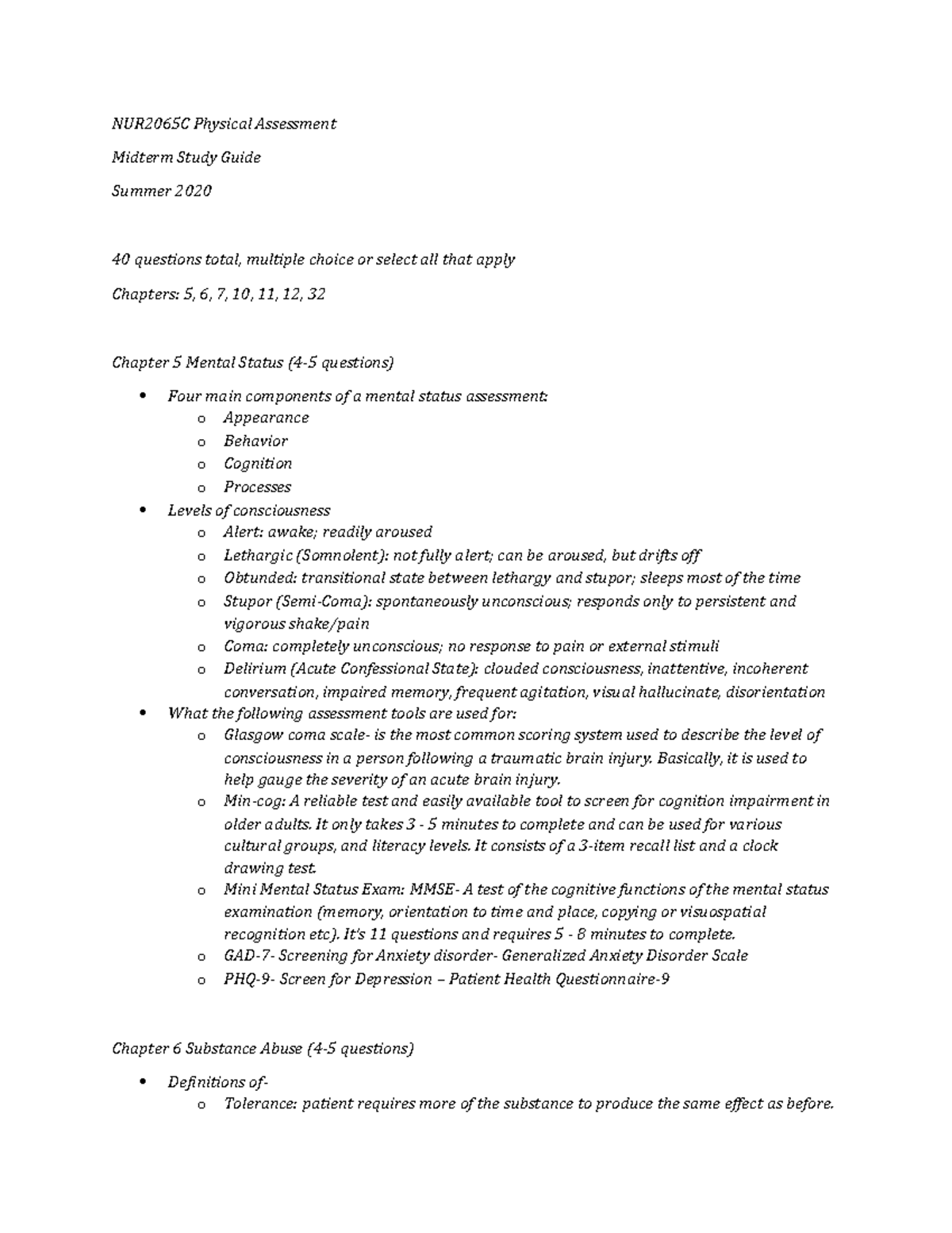Midterm Study Guide - NUR2065C Physical Assessment Midterm Study Guide ...