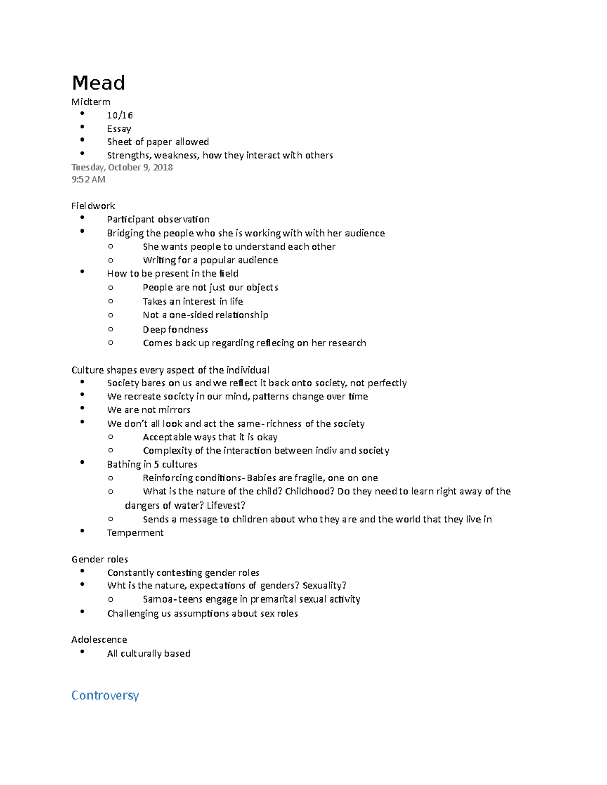 Mead notes - Dr. Chard - Mead Midterm 10/ Essay Sheet of paper allowed ...
