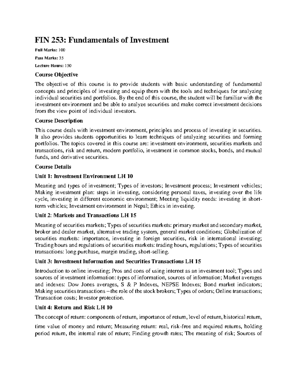 BBS 4 year Fundamental of Investment - FIN 253: Fundamentals of ...