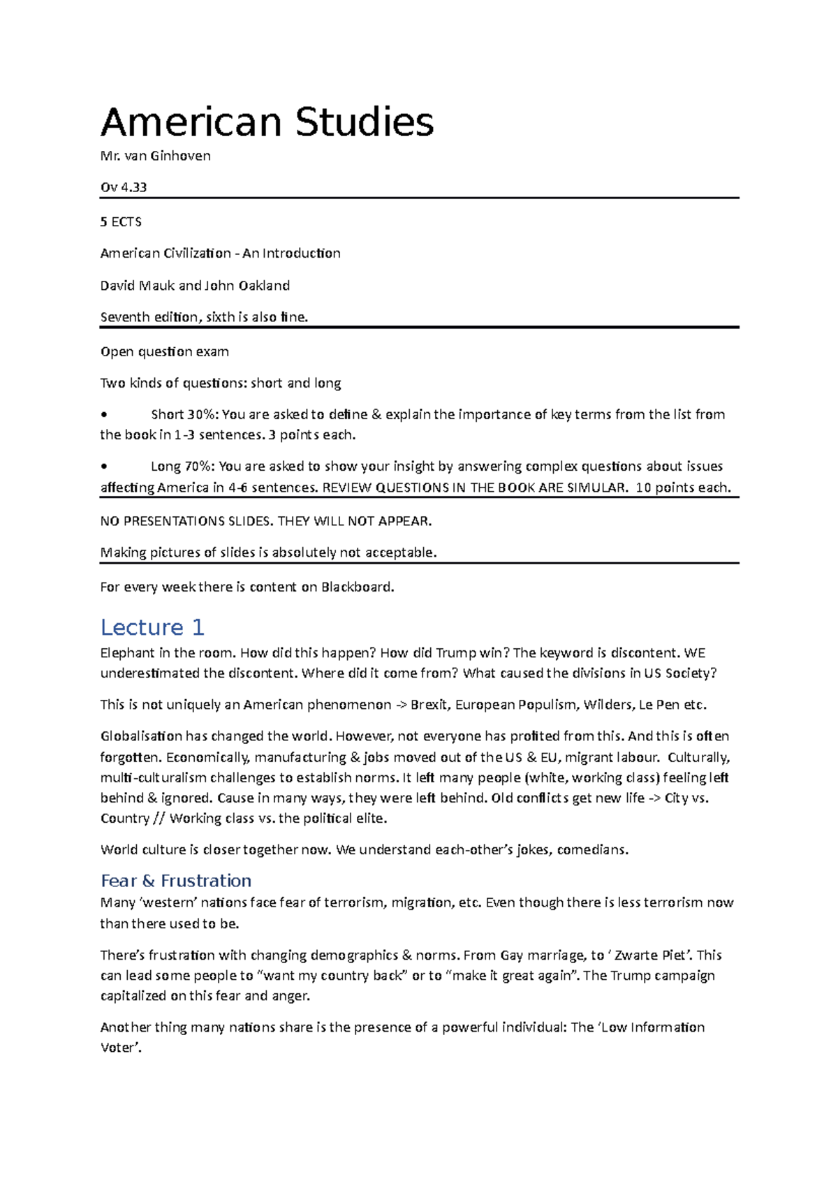 Summary of American Studies - American Studies Mr. van Ginhoven Ov 4. 5 ...