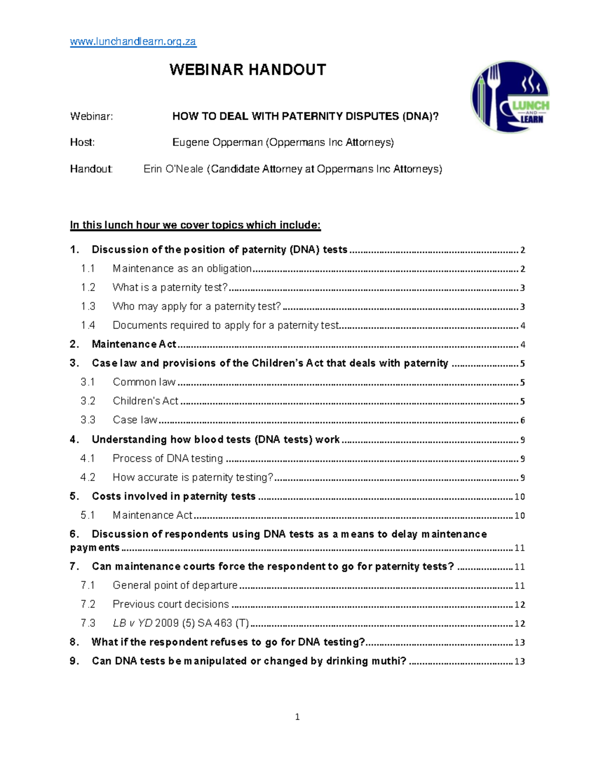 Handout How to deal with paternity disputes DNA - WEBINAR HANDOUT ...