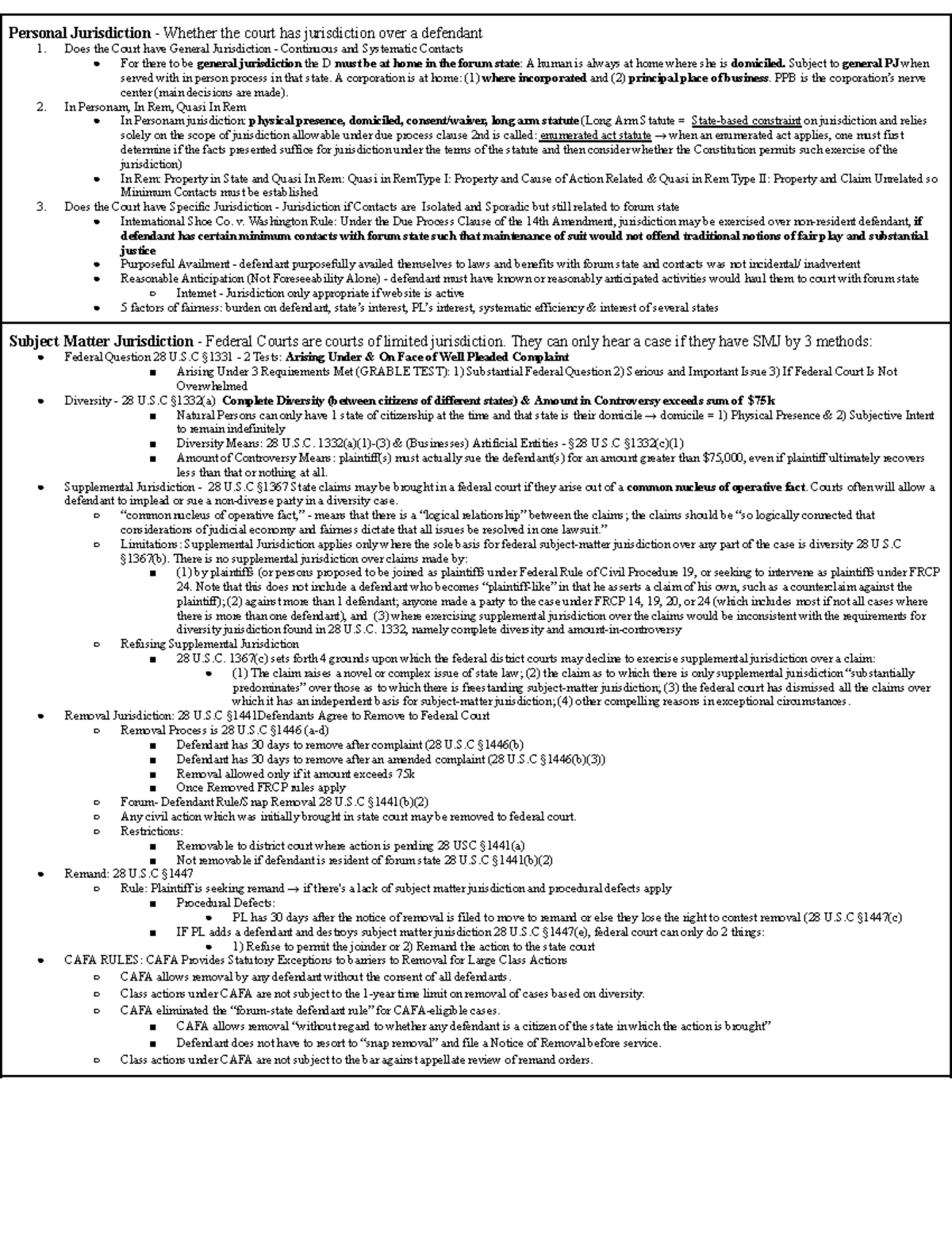 Civ Pro One Sheet - Personal Jurisdiction - Whether the court has ...