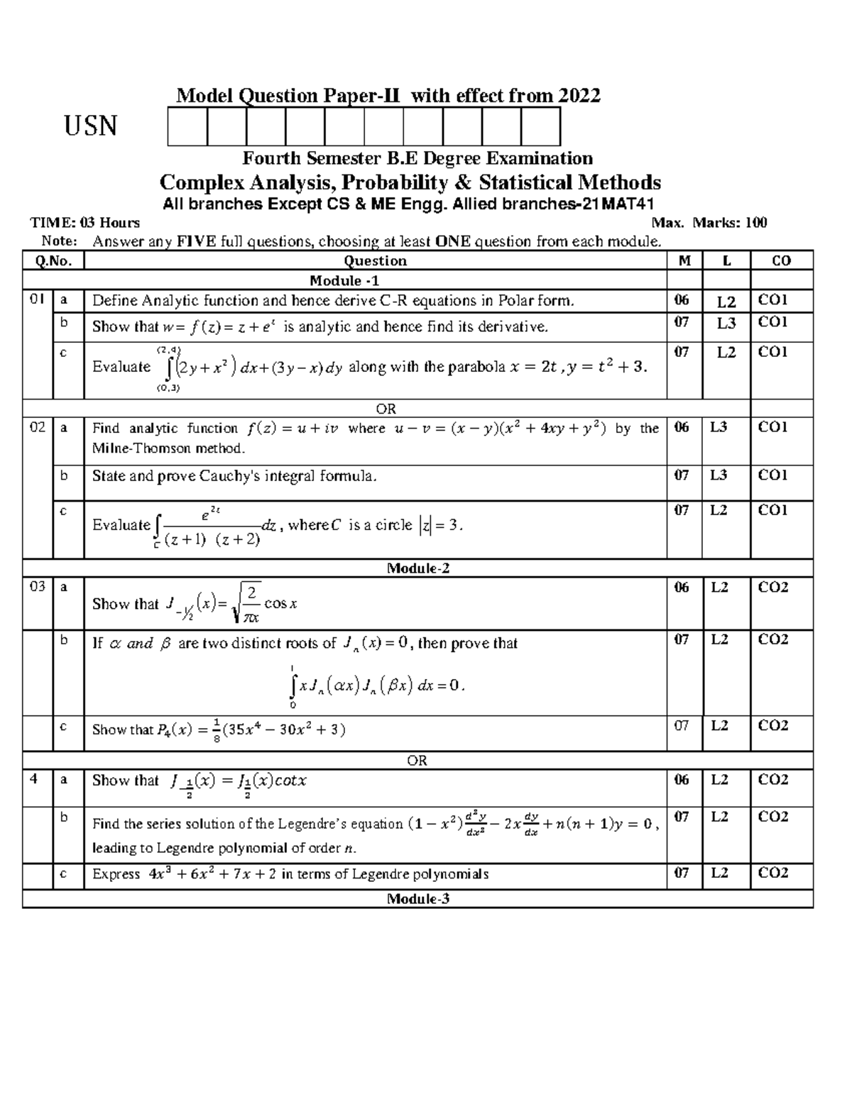 Model Question Paper 2 21MAT41 for All Except ME and CS Allied Branches ...