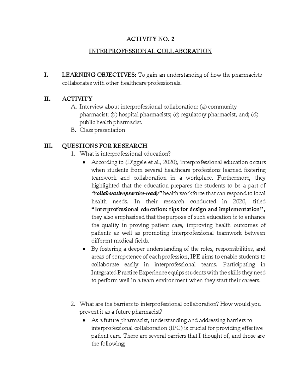 INTERPROFESSIONAL COLLABORATION - ACTIVITY NO. 2 INTERPROFESSIONAL ...