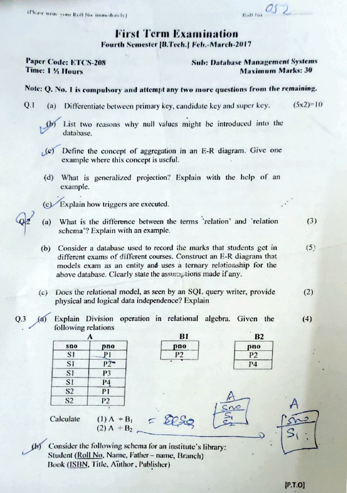 DBMS Papers - Q. P'aper Code: ETCS- Time: I½ Hours Note: Q. No. 1 is compusory and attempt any ...