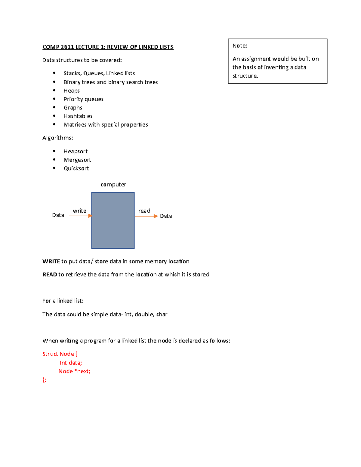 COMP 2611 Lecture 1 - Provides an overview of topics in data structures - COMP 2611 LECTURE 1 ...