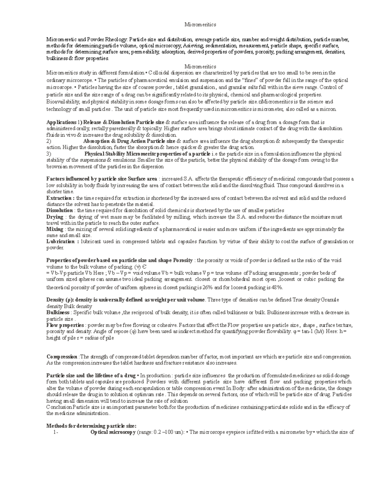 Micromeritics unit2 - Micromeritics Micromeretic and Powder Rheology: Particle size and - Studocu