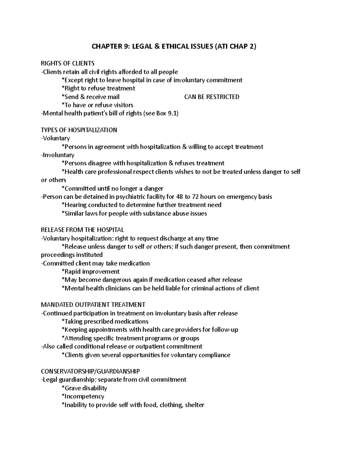 Chapter 9: Mental Health PowerPoints - CHAPTER 9: LEGAL & ETHICAL ISSUES (ATI CHAP 2) RIGHTS OF ...