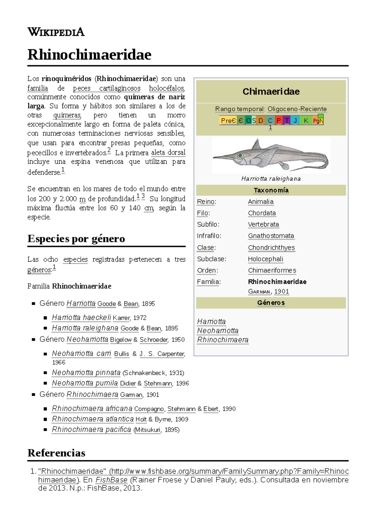 Rhinochimaeridae - tyi - Chimaeridae Rango temporal: Oligoceno-Reciente 1 Harriotta raleighana ...