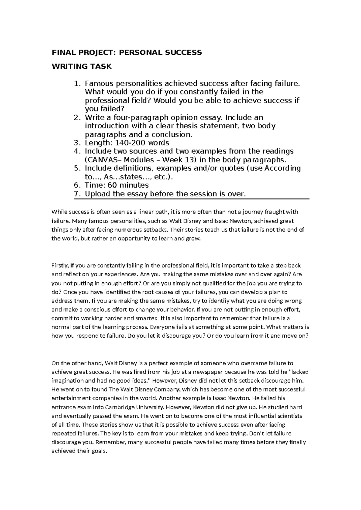 Final Project - Writing - FINAL PROJECT: PERSONAL SUCCESS WRITING TASK ...