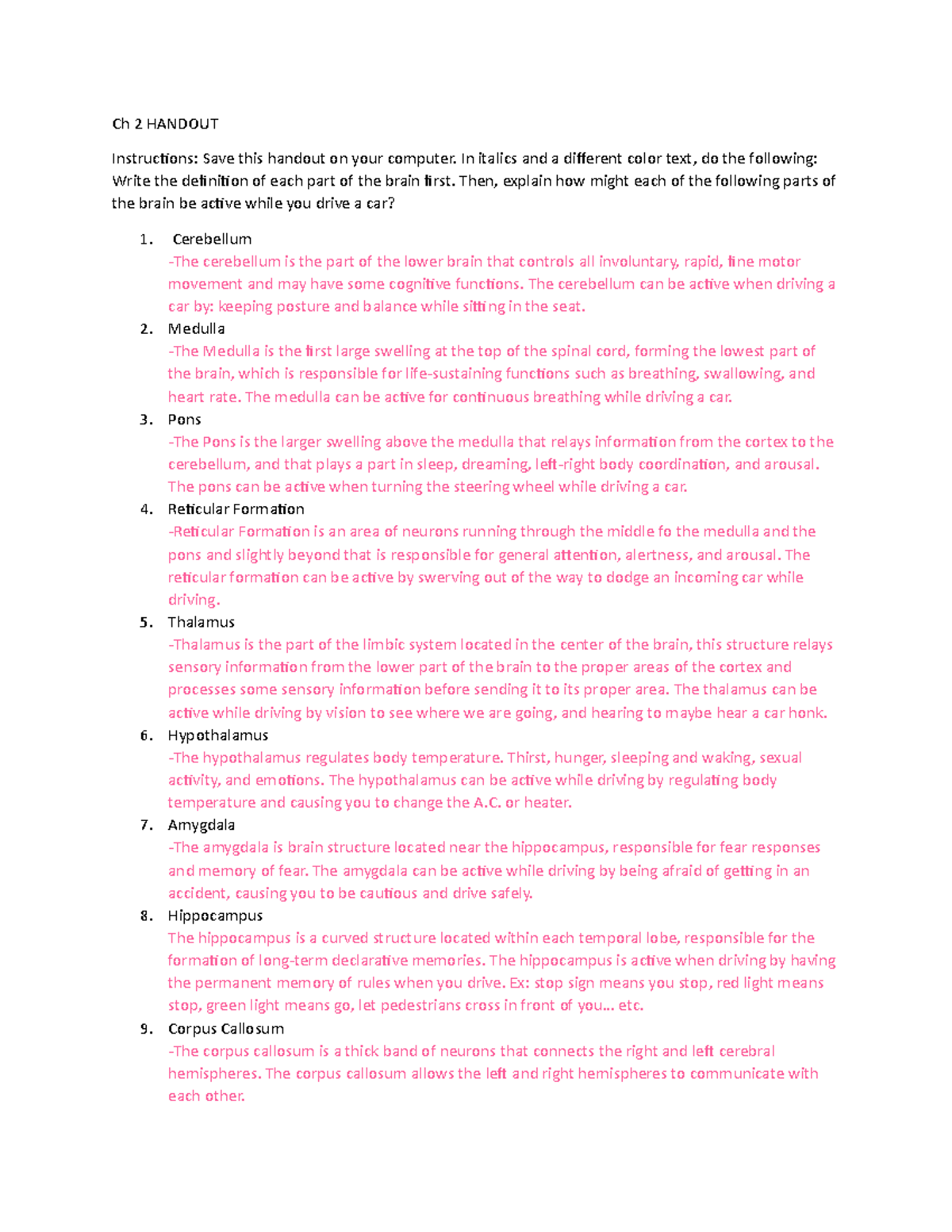 Ch 2 Handout - definitions of each part of the brain, and explaining ...