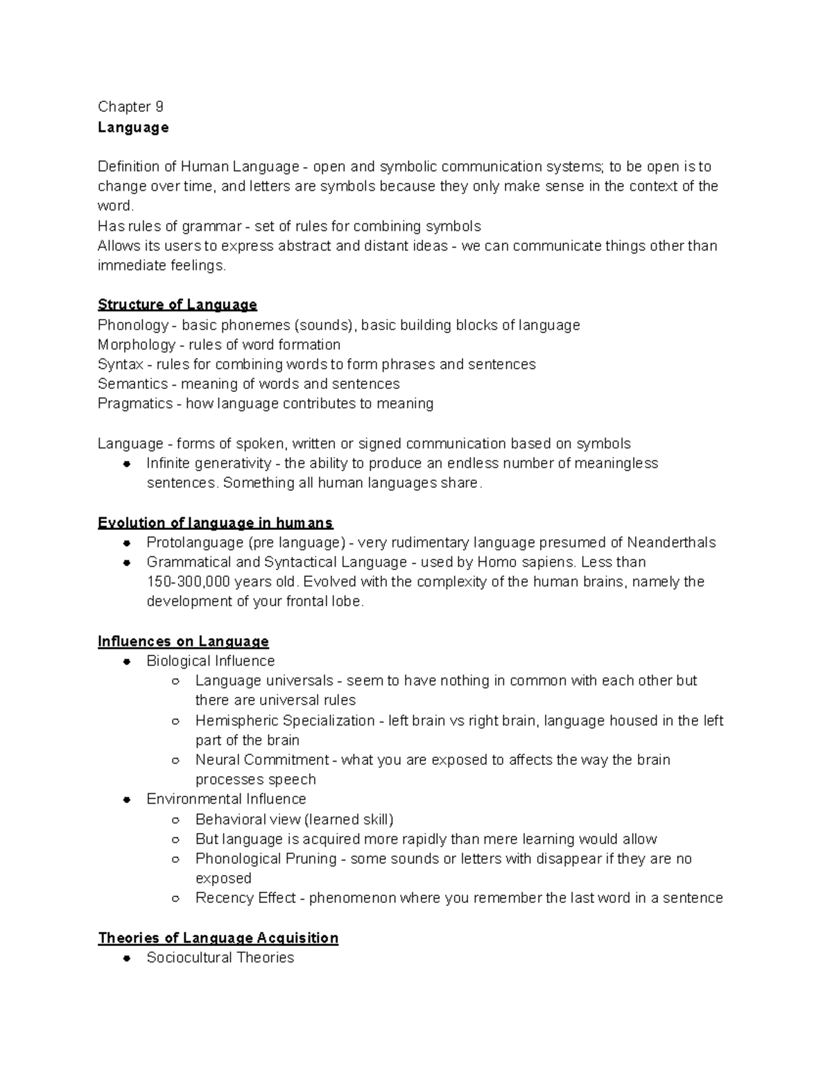 Psych notes 2 - Chapter 9 Language Definition of Human Language - open ...