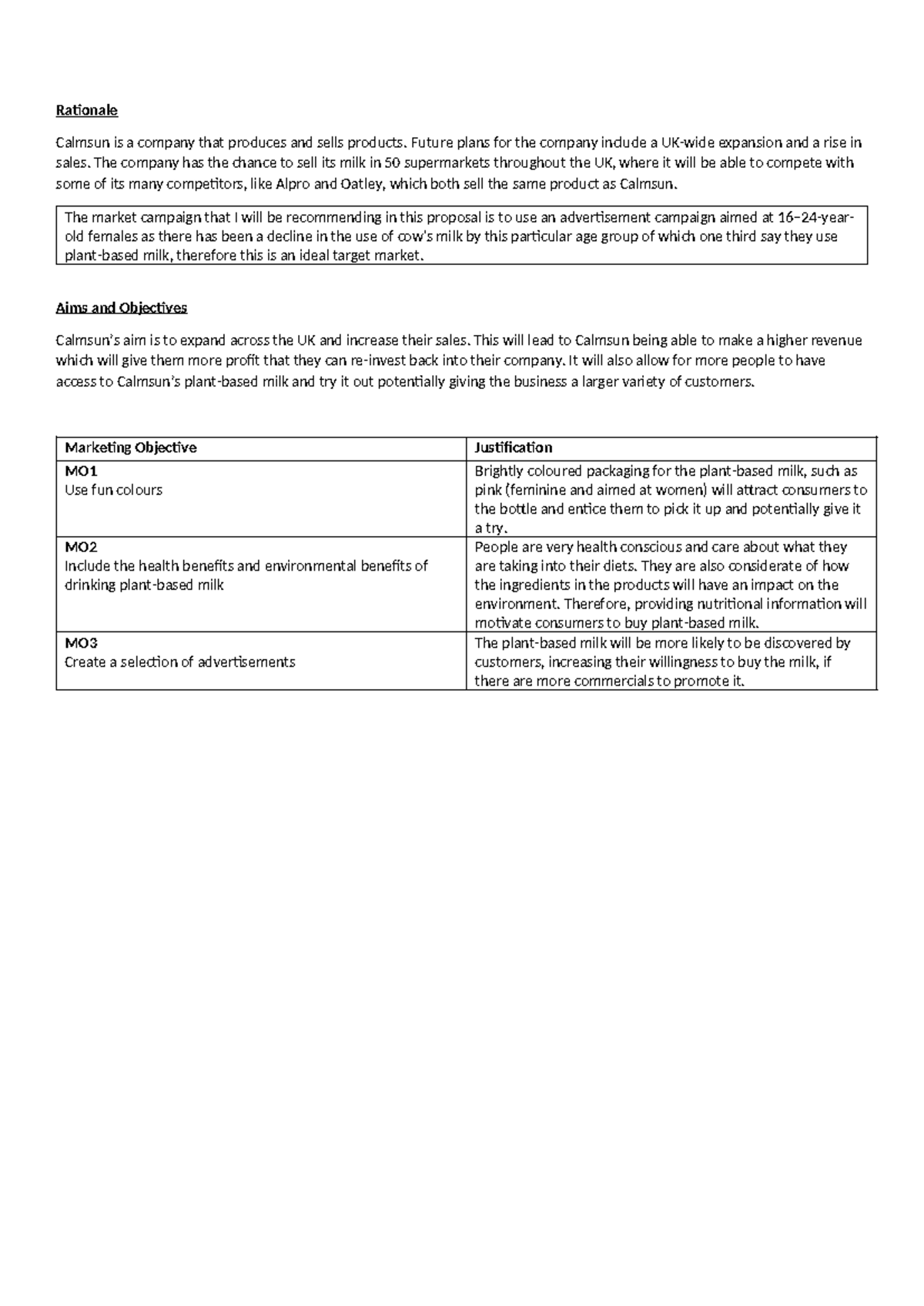 Unit 2 Calmsun - .,, - Rationale Calmsun is a company that produces and ...