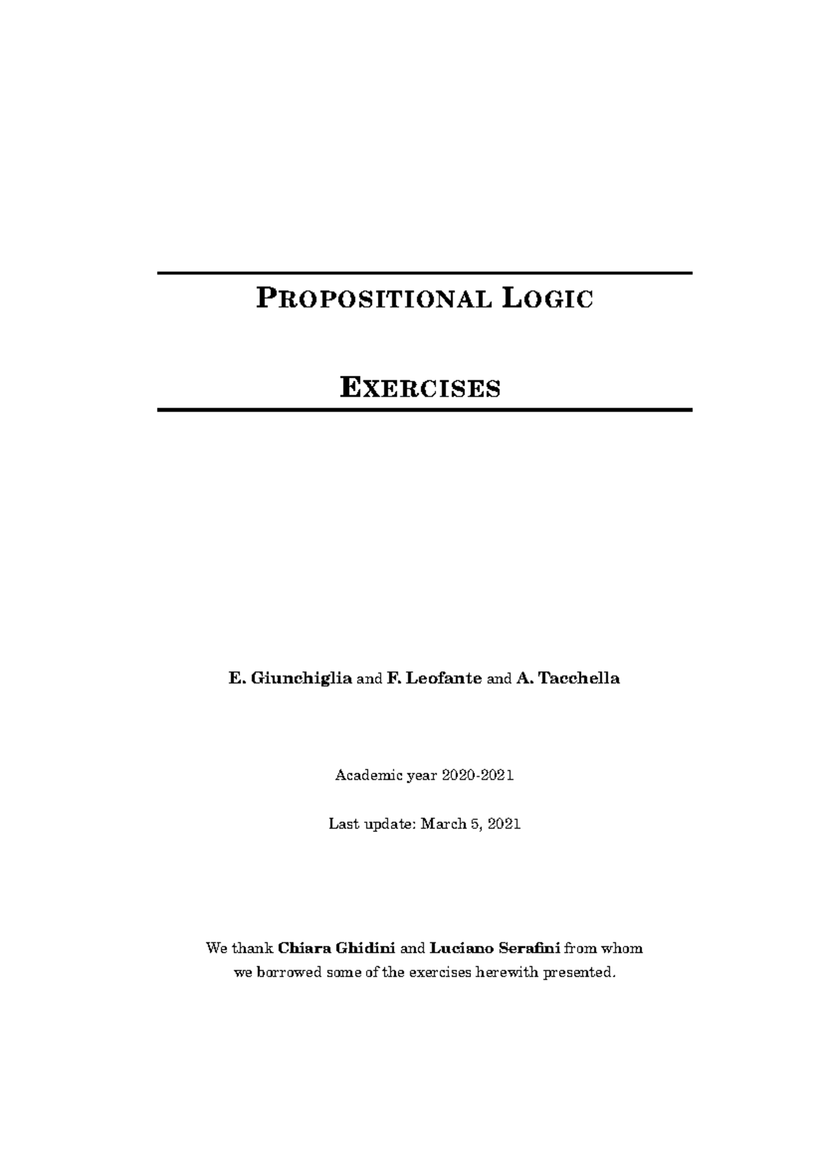 01 Propositional Logic Exercises Propositional Logic Exercises E Giunchiglia And F Leofante
