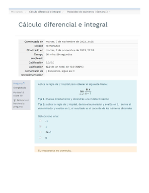 Calculo Diferencial E Integral Semana 1 Revisión del intento - Pregunta 1 Completada Puntúa 1 ...