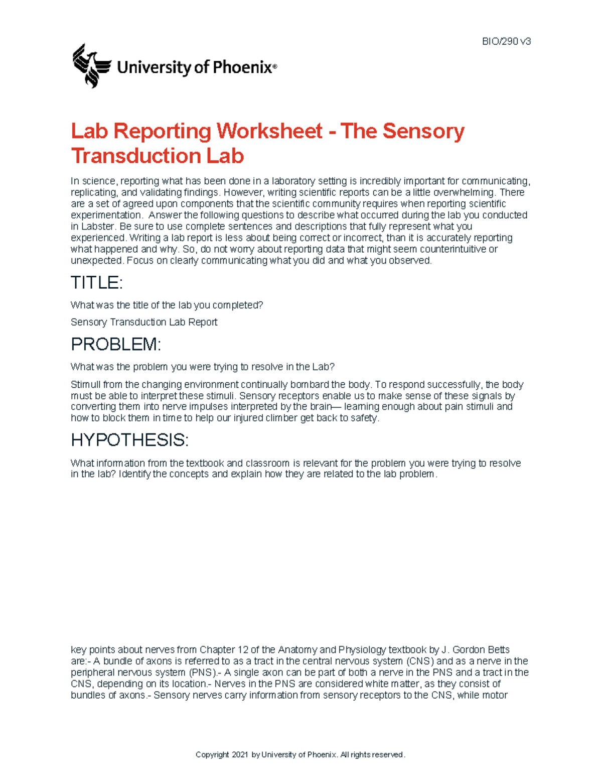 Bio290 v3 wk6 the sensory transduction lab - BIO/290 v Lab Reporting ...