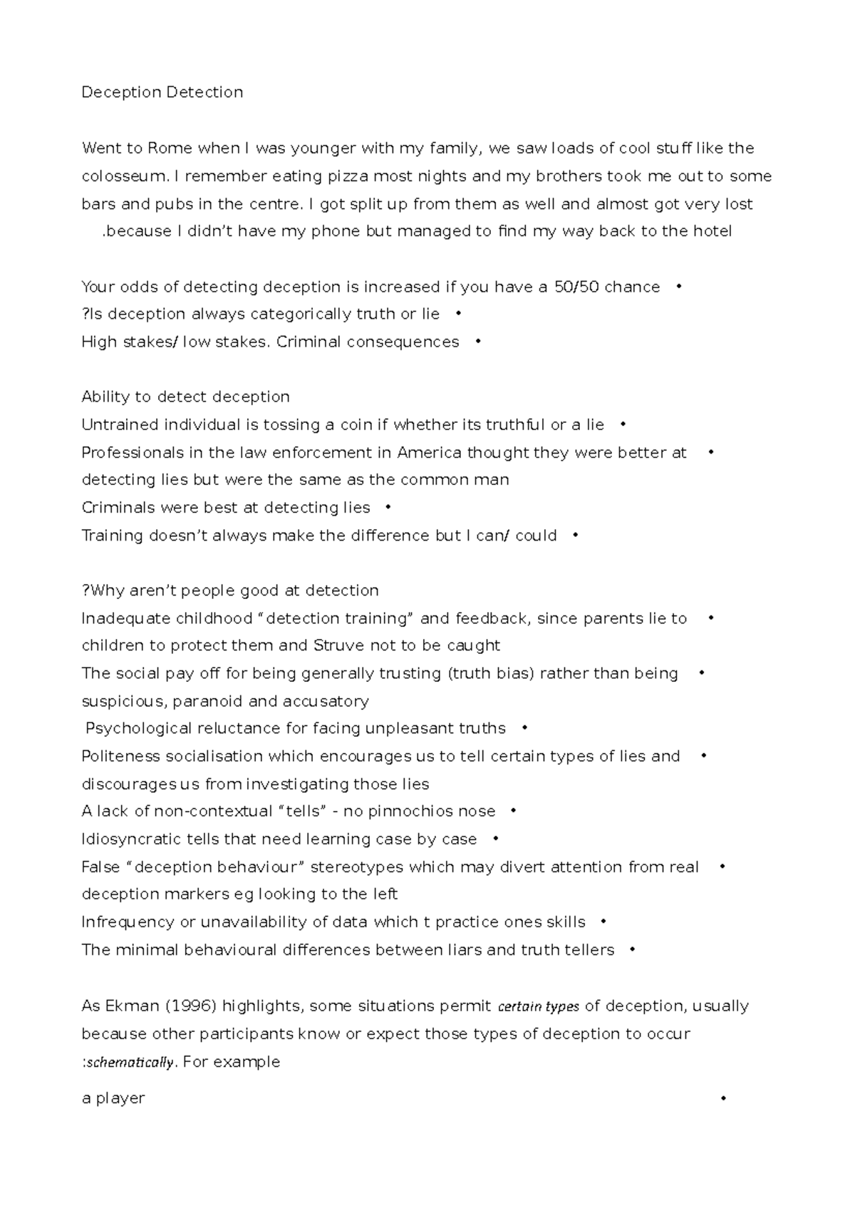 Deception Detection docx - Deception Detection Went to Rome when I was younger with my family ...