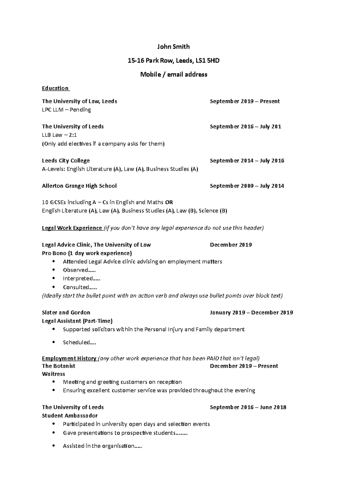 CV Template - March 2020 example - John Smith 15-16 Park Row, Leeds ...