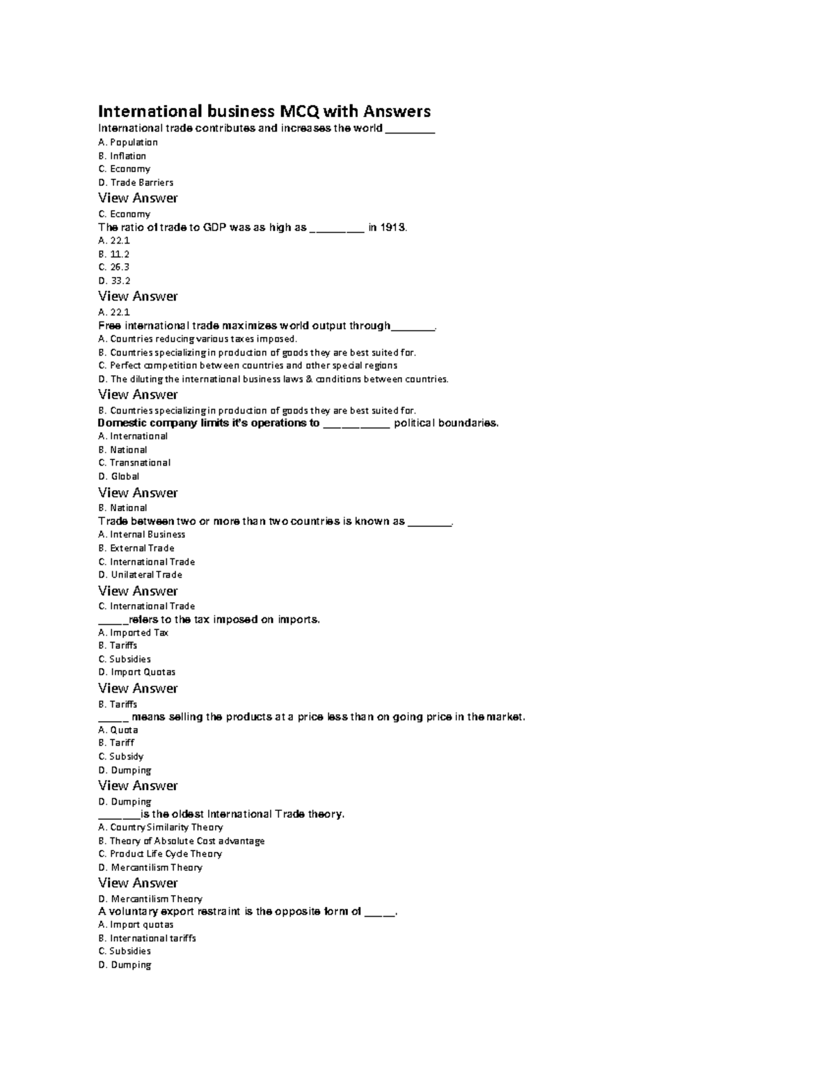 Ibmcq - Practical preview - International business MCQ with Answers ...