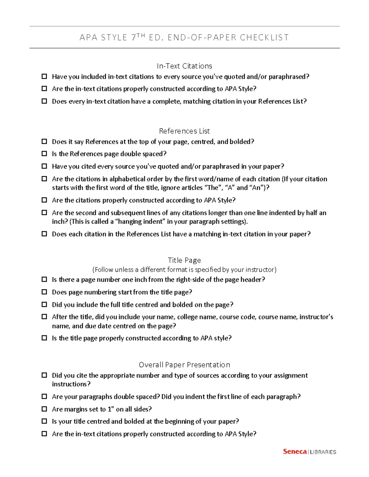 APA Format Check List - APA STYLE 7 T H ED. END- OF-P AP ER CHECKLIST ...