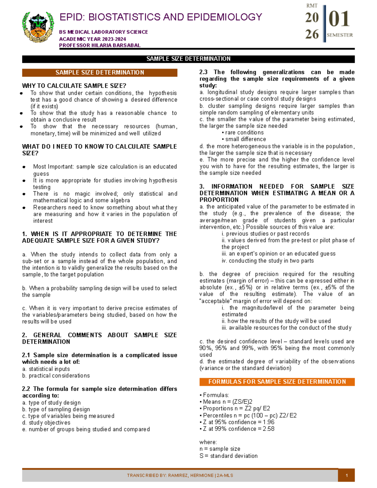 [Trans] Biostats - Sample SIZE Determination - EPID: BIOSTATISTICS AND ...