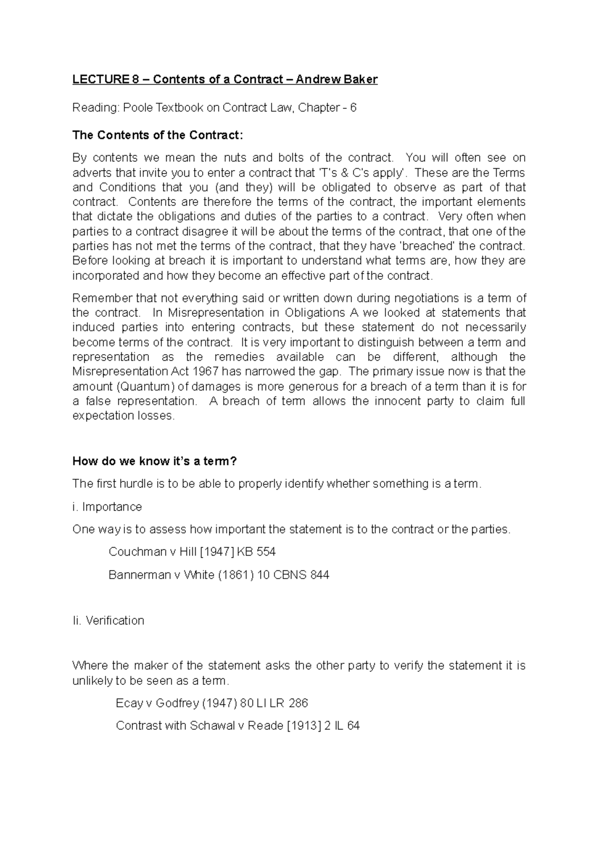 Lecture 8 - Contents of a Contract - LECTURE 8 – Contents of a Contract ...