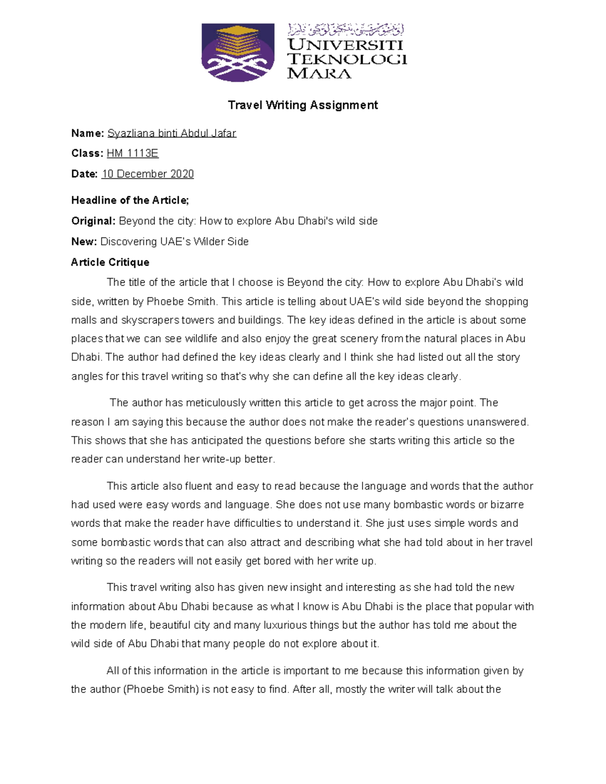 Travel Writing Assignment - Travel Writing Assignment Name: Syazliana ...
