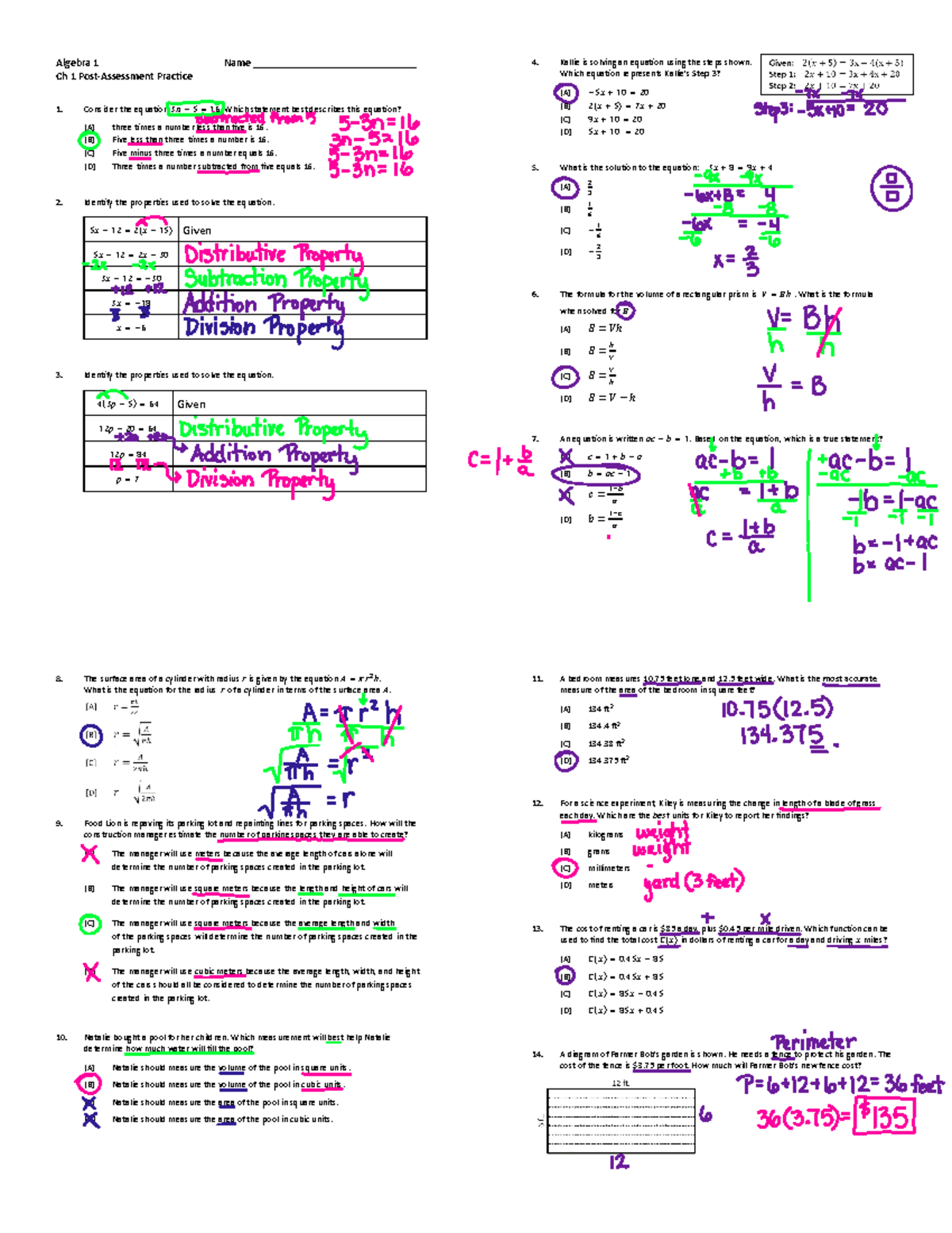 1-2 Block - Algebra 1 Practice Post Assessment - Algebra 1 Name