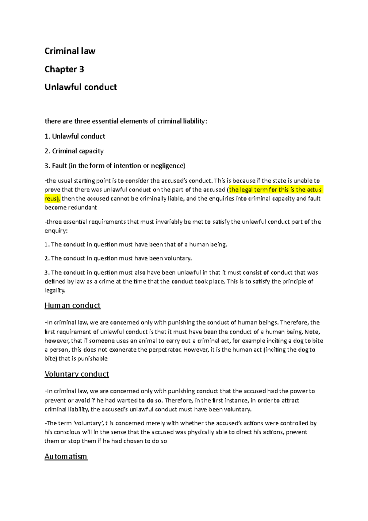 Criminal law chapter 3 - notes - LCL 212E - UFH - Studocu
