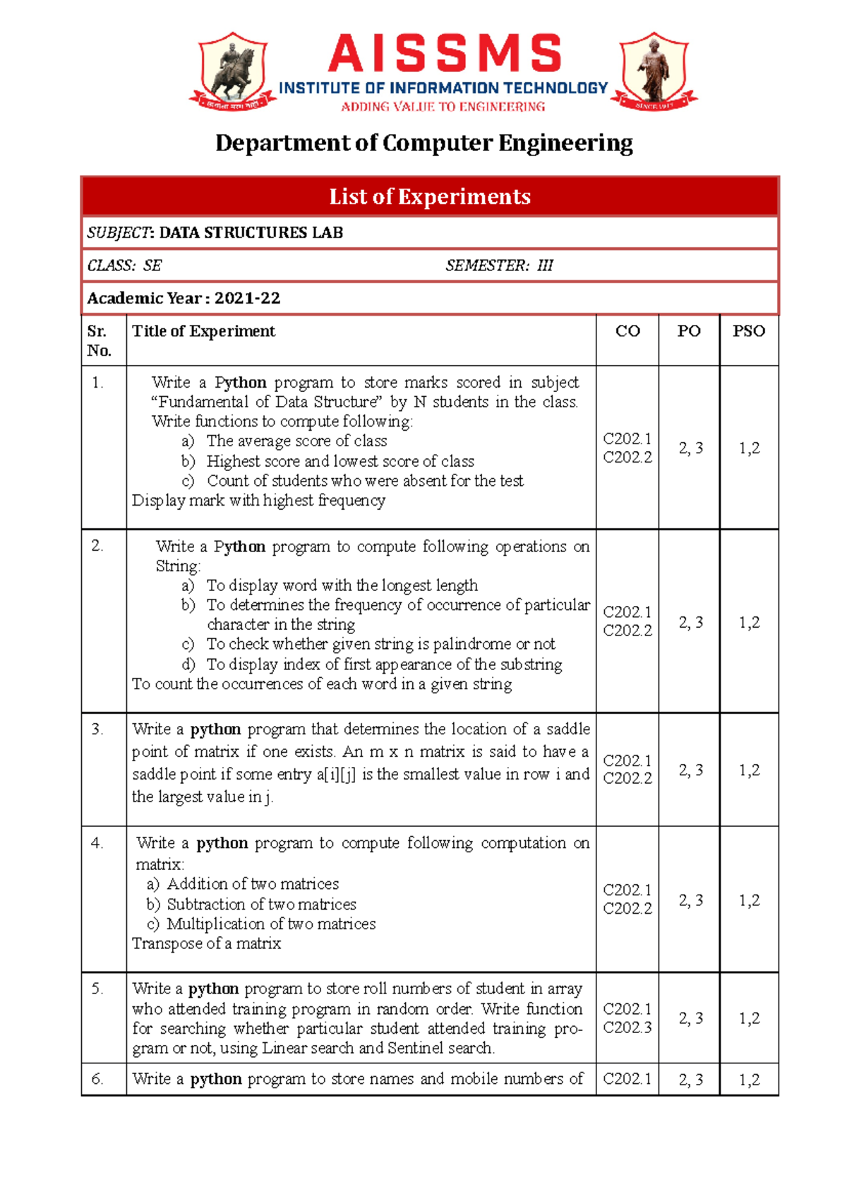 List of Experiments DSL - Department of Computer Engineering List of Experiments SUBJECT: DATA ...