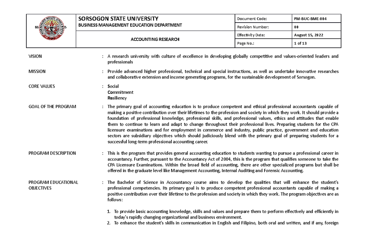 Course Syllabus ON Accounting Research 2023 BSA Based ON Revised Format ...