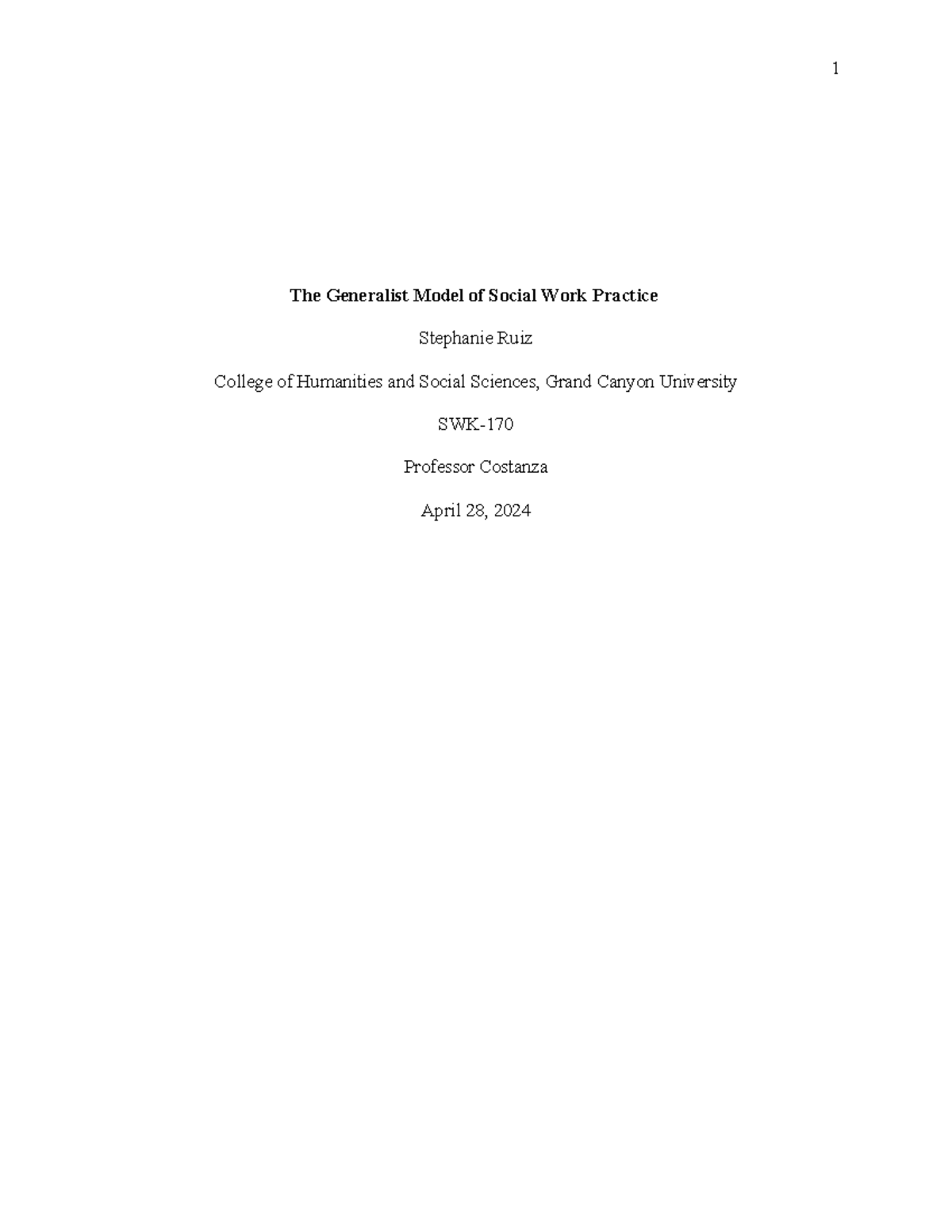 SWK 170 topic 5 Essay - The Generalist Model of Social Work Practice ...