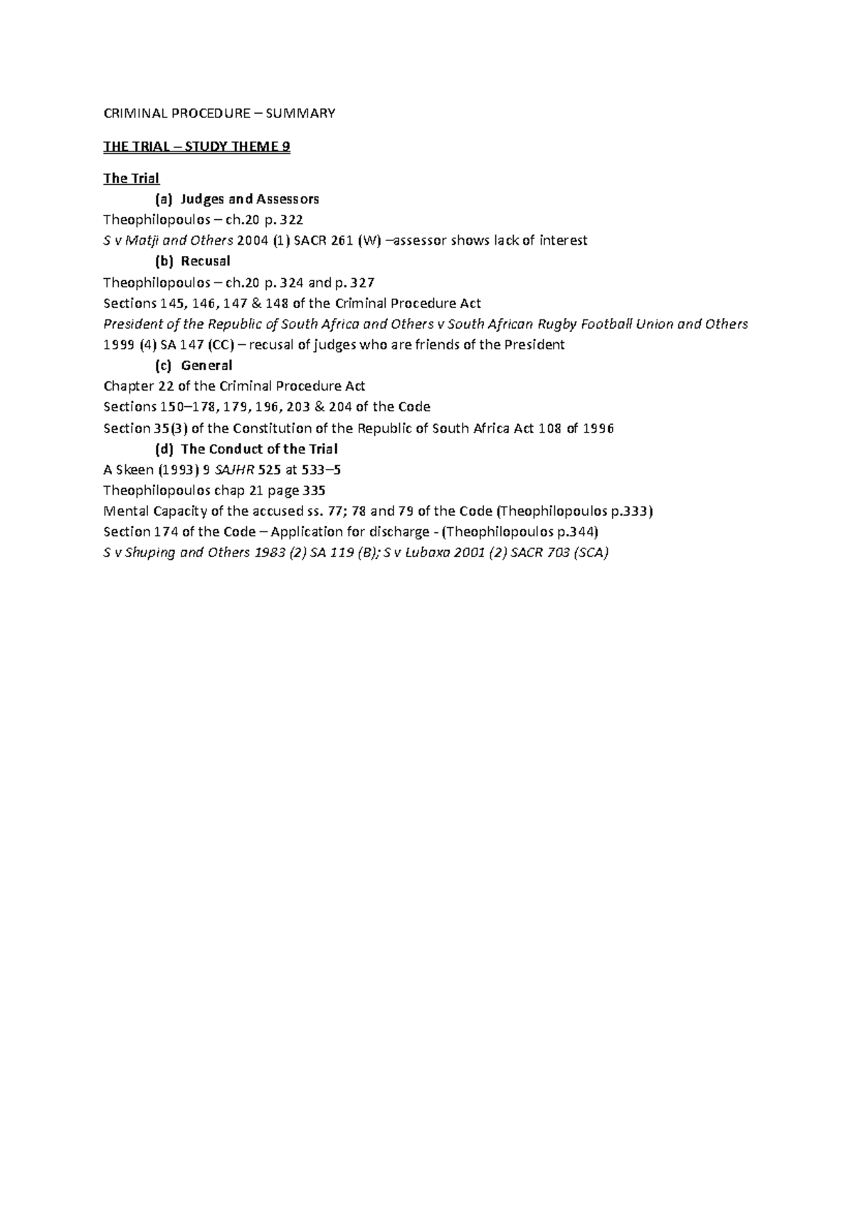 THE Trial – Study Theme 9 - CRIMINAL PROCEDURE – SUMMARY THE TRIAL ...