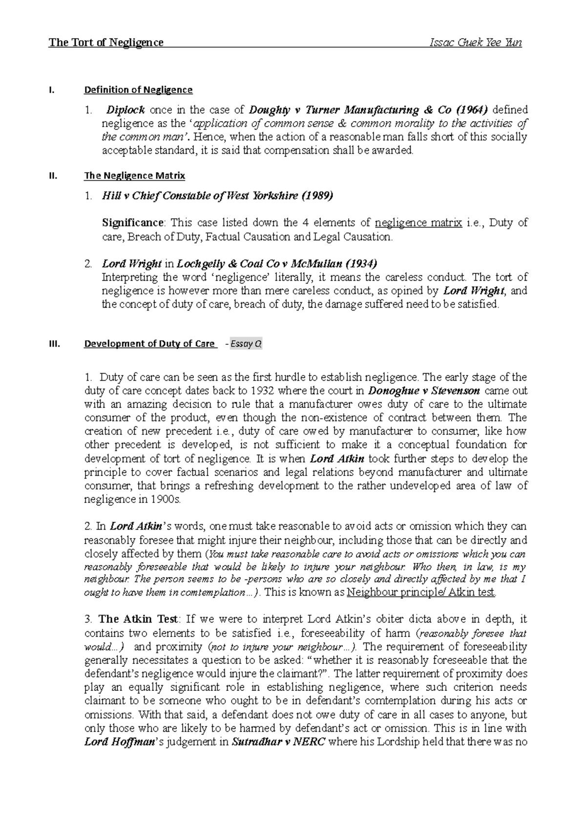 Tort Casesssss la - I. Definition of Negligence Diplock once in the ...