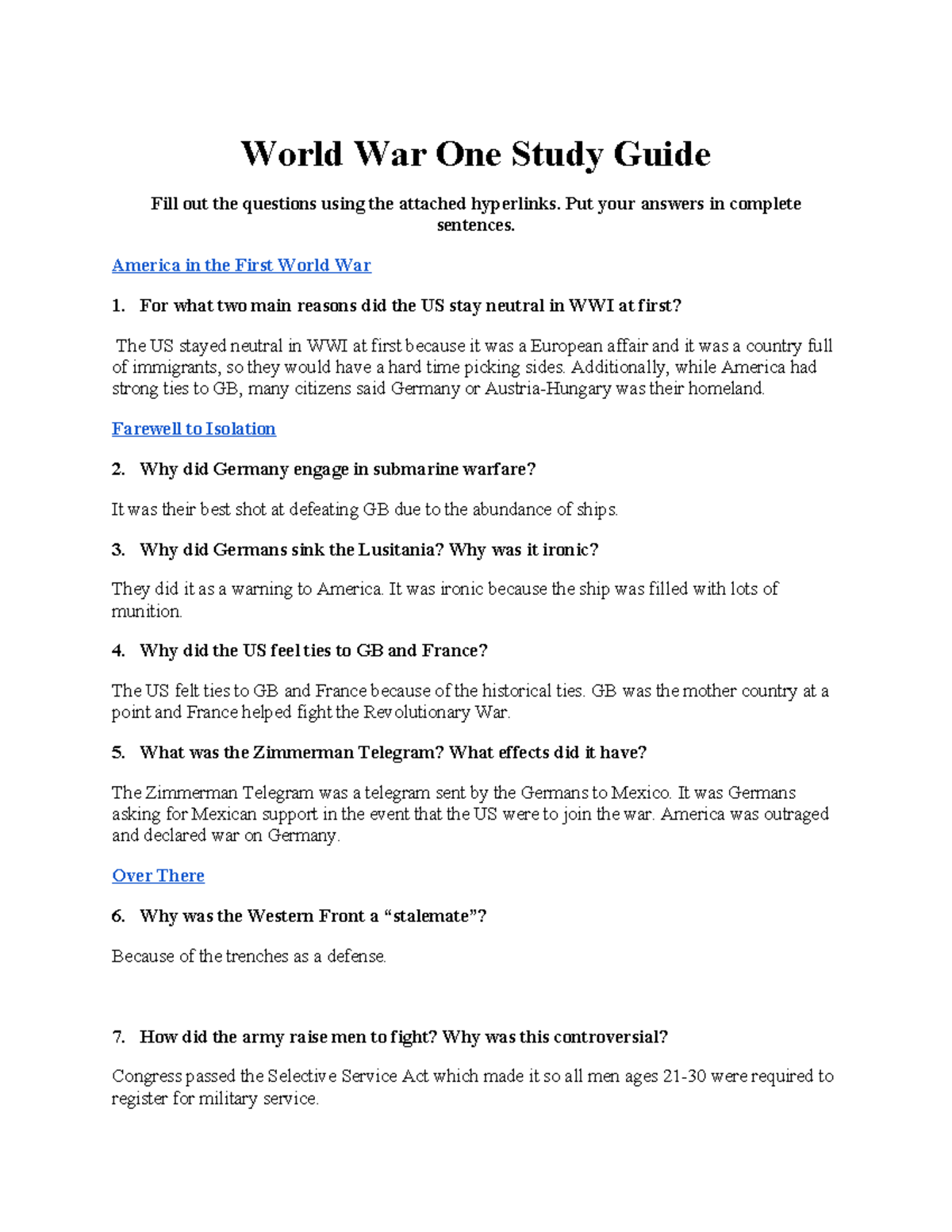 World War I Study Guide - World War One Study Guide Fill out the ...