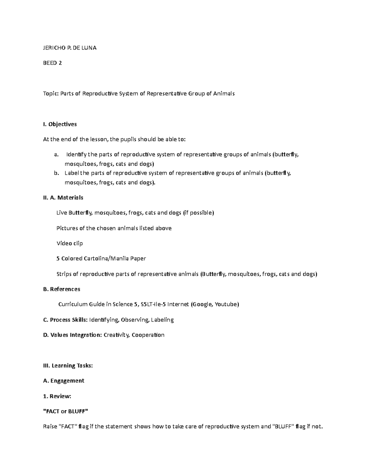 5E lesson plan deluna - JERICHO P. DE LUNA BEED 2 Topic: Parts of ...