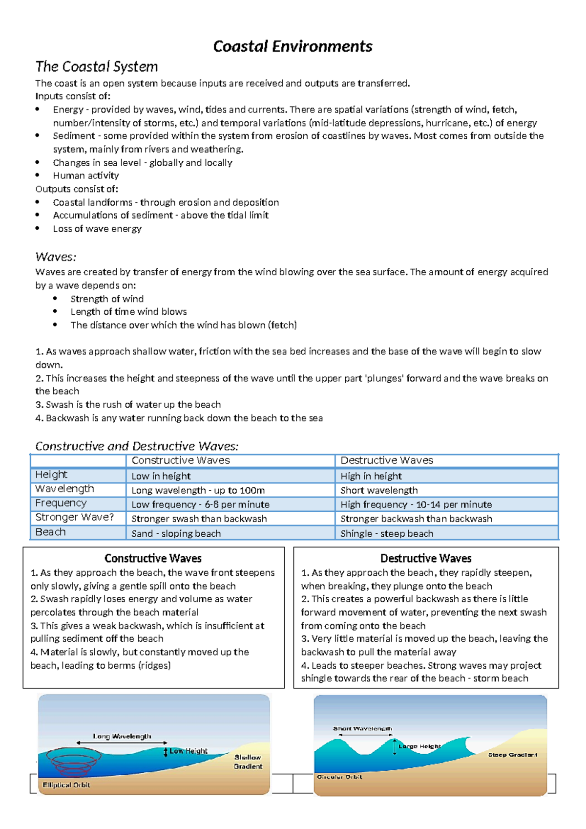 Coastal Environments Revision Notes - The Coastal System The coast is ...