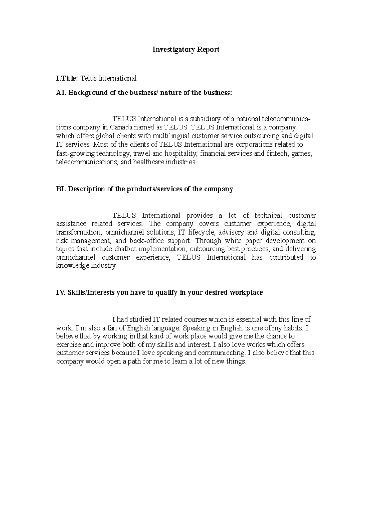 Investigatory Report - Sample of making a company analysis ...