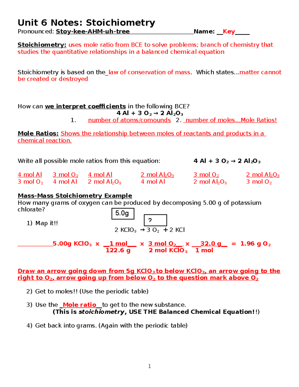 Key Unit 6 Notes Stoichiometry - Unit 6 Notes: Stoichiometry Pronounced ...